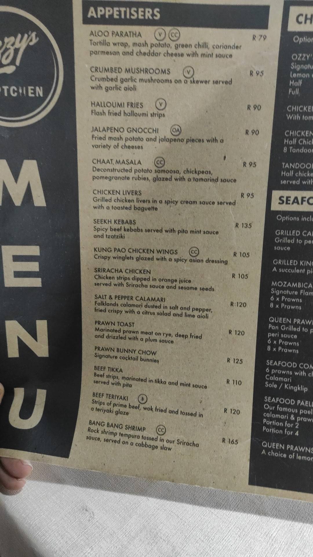 Menu at Ozzy's Kitchen restaurant, Johannesburg