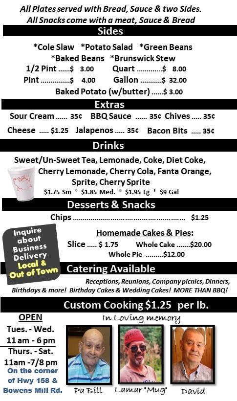Menu at PA-Bill's BBQ, Douglas