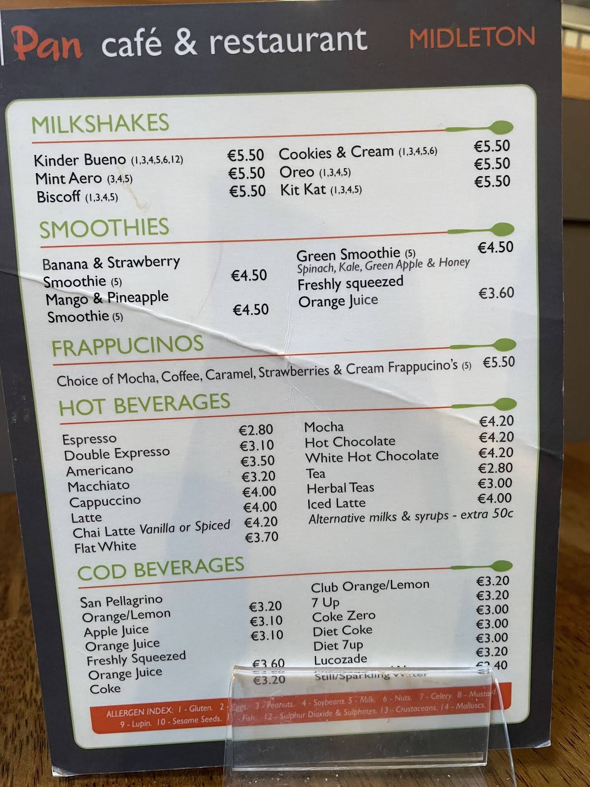 Menu at PAN cafe, Midleton