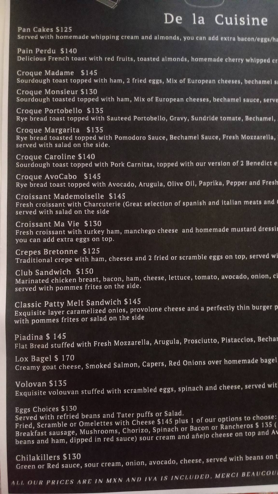 Menu at PANACHE restaurant, Cabo San Lucas