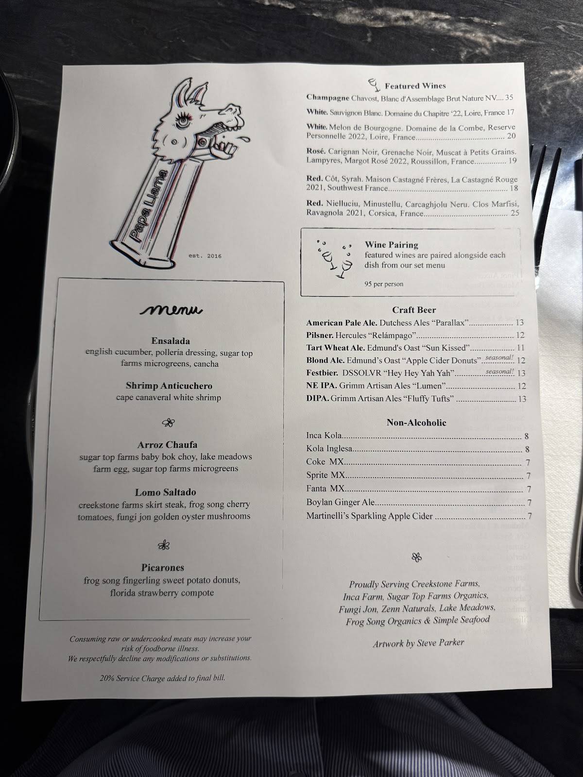 Menu at PAPA LLAMA restaurant, Orlando