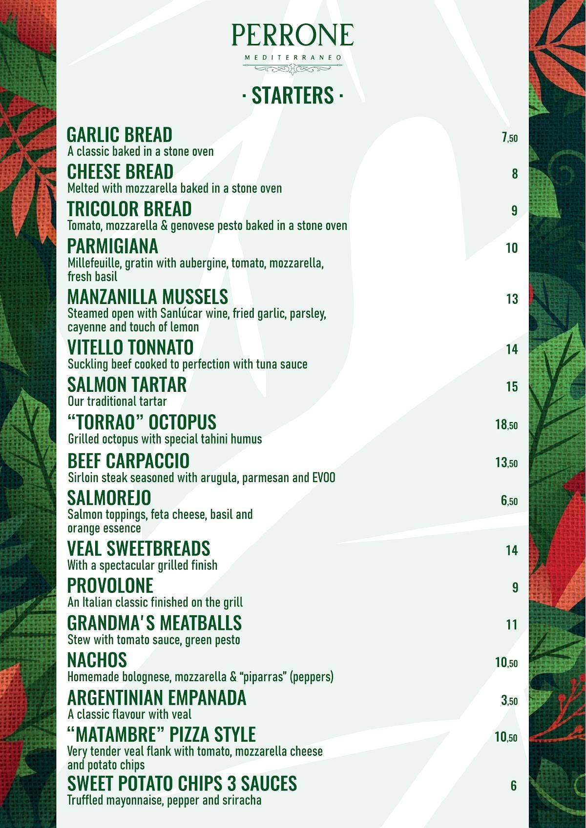 Carta de PERRONE Mediterranean Bar, El Albir