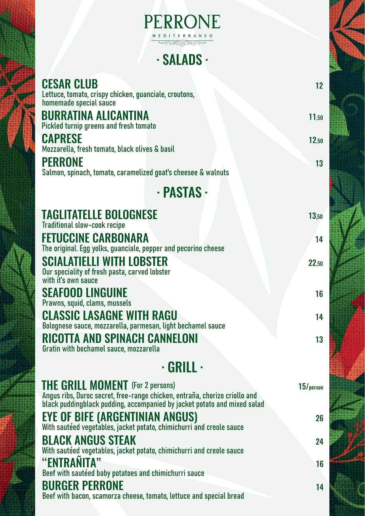 Carta de PERRONE Mediterranean Bar, El Albir
