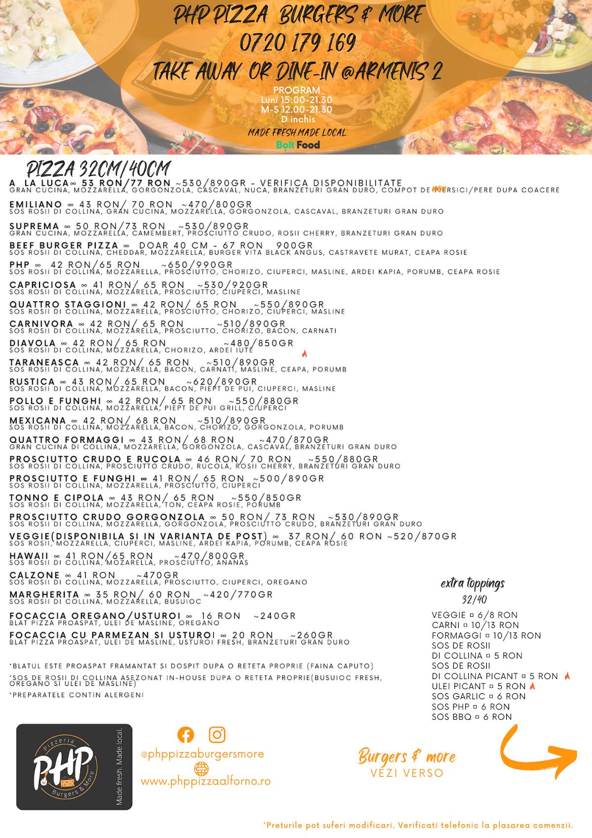 Menu au PHP Pizza • Burgers & More, Bucarest