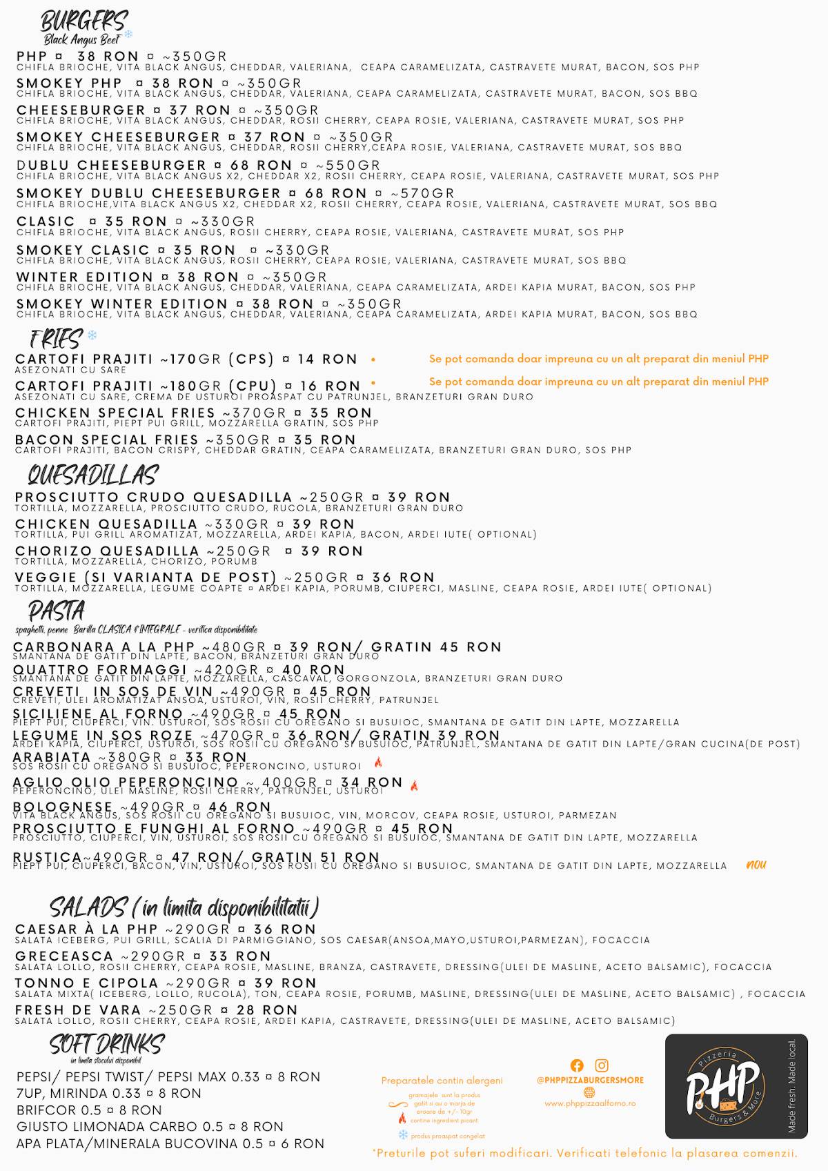 Menu au PHP Pizza • Burgers & More, Bucarest