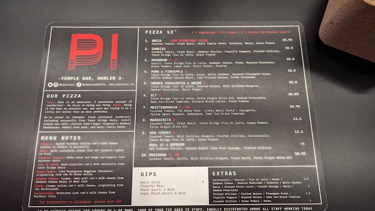 Menu at PI Temple Bar, Dublin