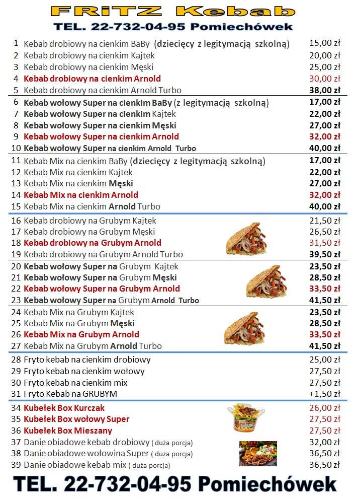 Menu at PIZZA - FRiTZ - KEBAB restaurant, Pomiechówek