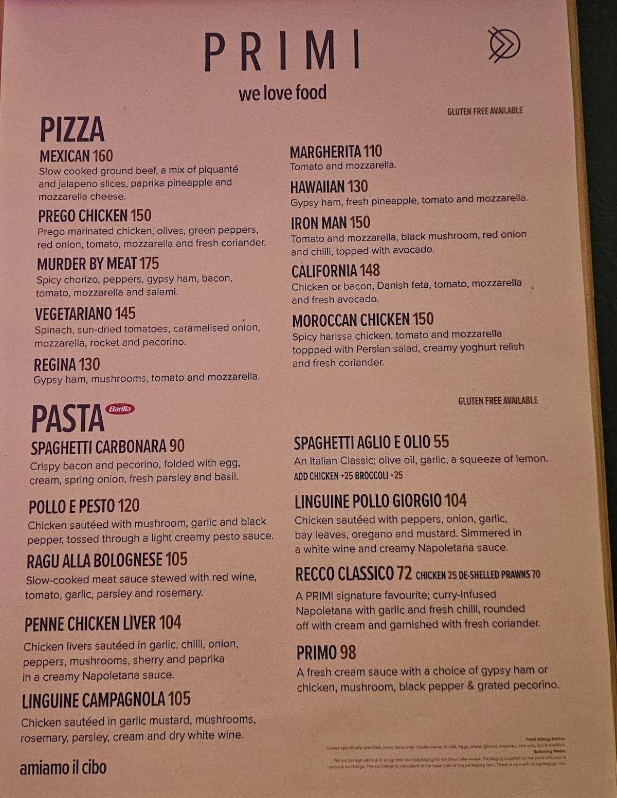 Menu at PRIMI Eastgate restaurant, Johannesburg, Shop 11