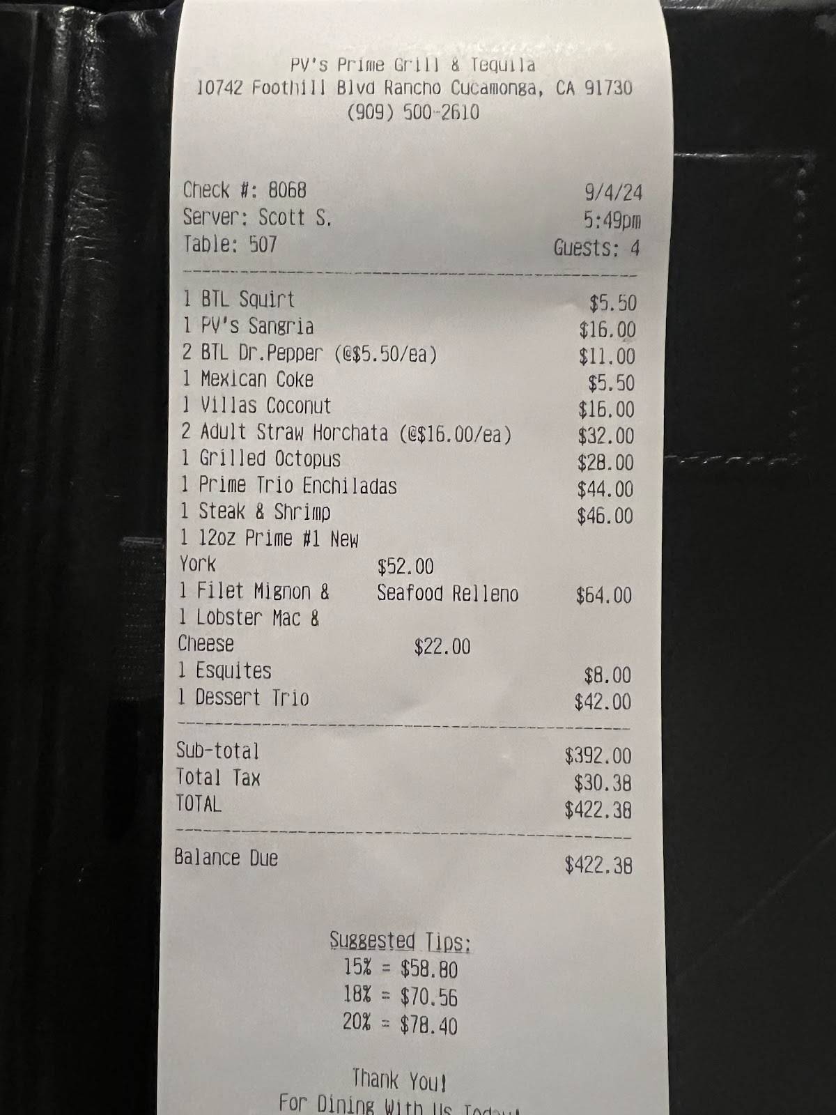 Menu at PV’S Prime Grill & Tequila pub & bar, Rancho Cucamonga