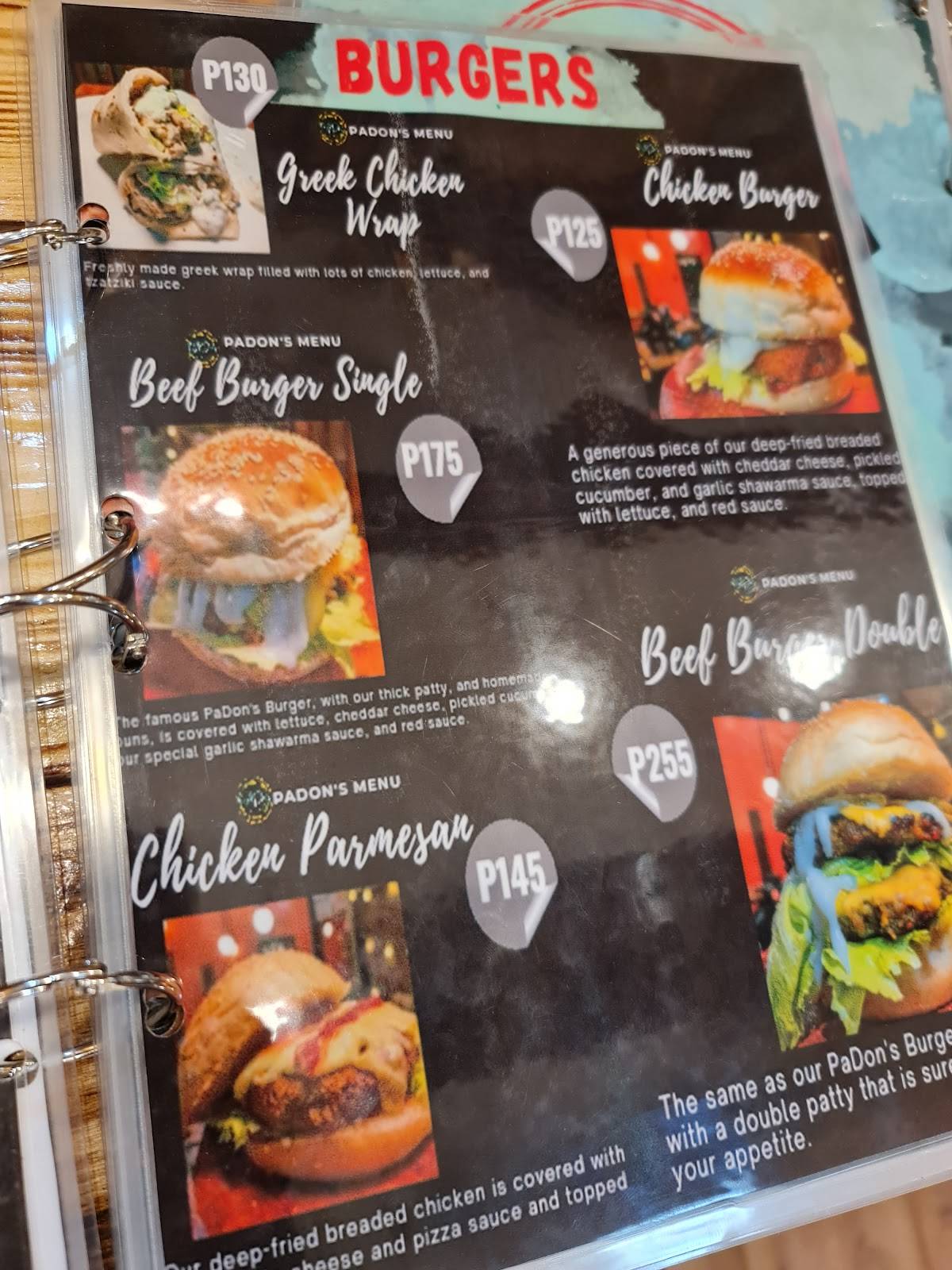 Menu at PaDon's restaurant, Digos City