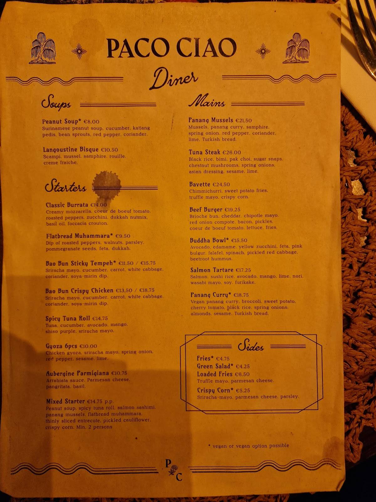 Menu at Paco Ciao, Leiden