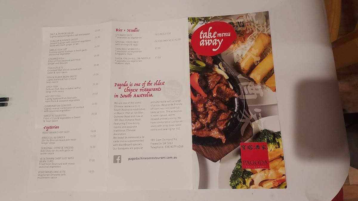 Menu at Pagoda Chinese Restaurant, Frewville