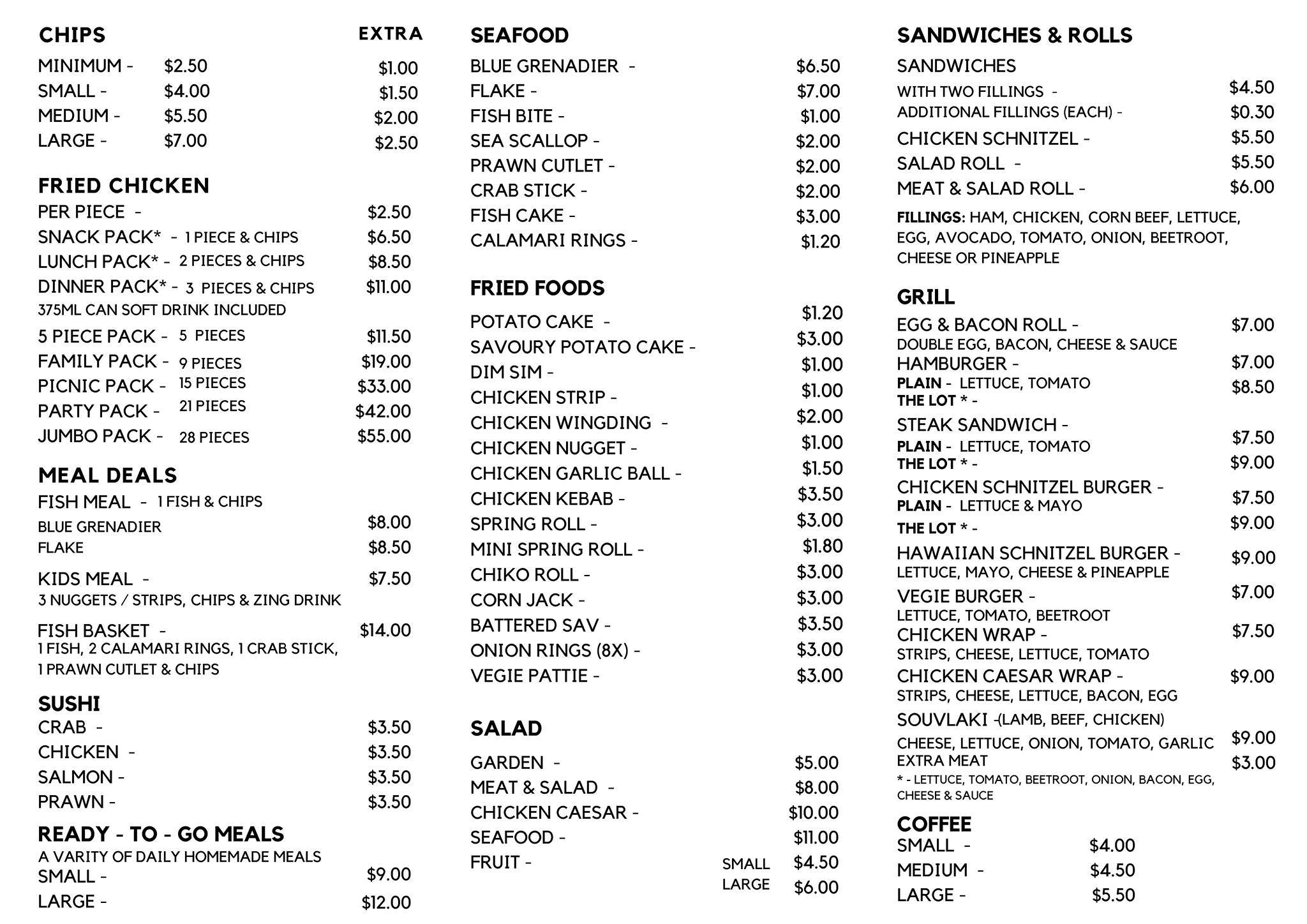 Menu at Painter's Cafe, Corowa