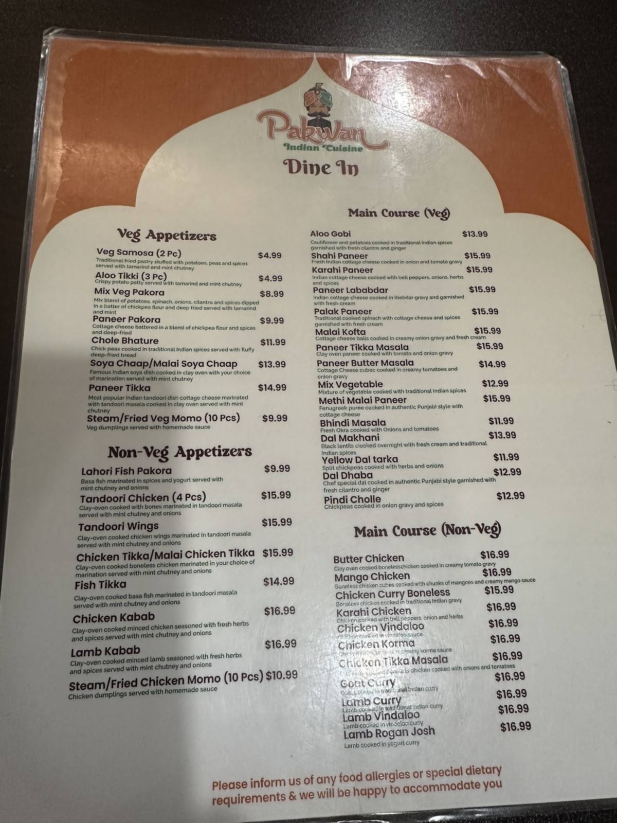 Menu au Pakwan Indian Cuisine restaurant, Edmonton, Mill Woods Rd NW