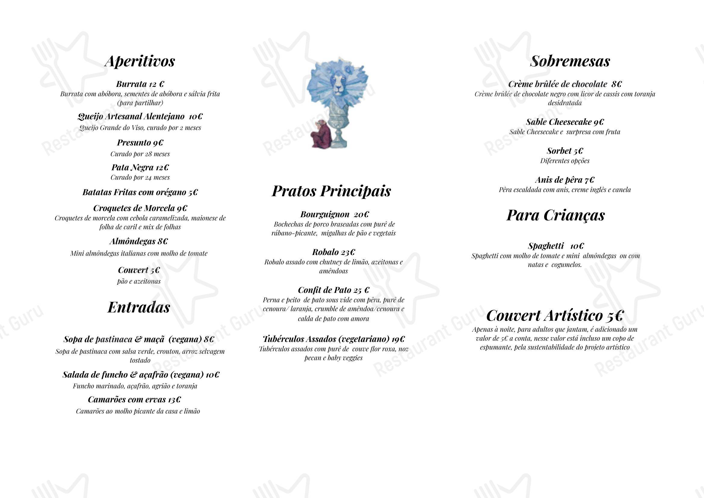 Menu at Palácio dos Duques de Lafões ou do Grilo restaurant, Lisbon