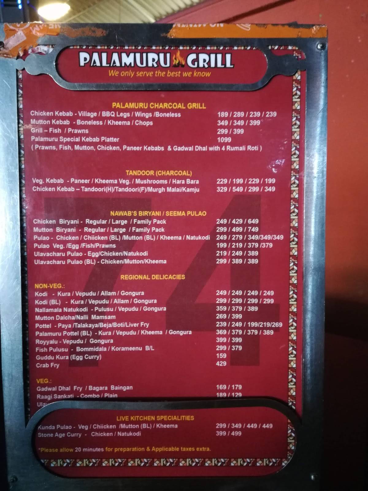 Menu at Palamuru Grill Madhapur, Hyderabad, Opposite Meridian School