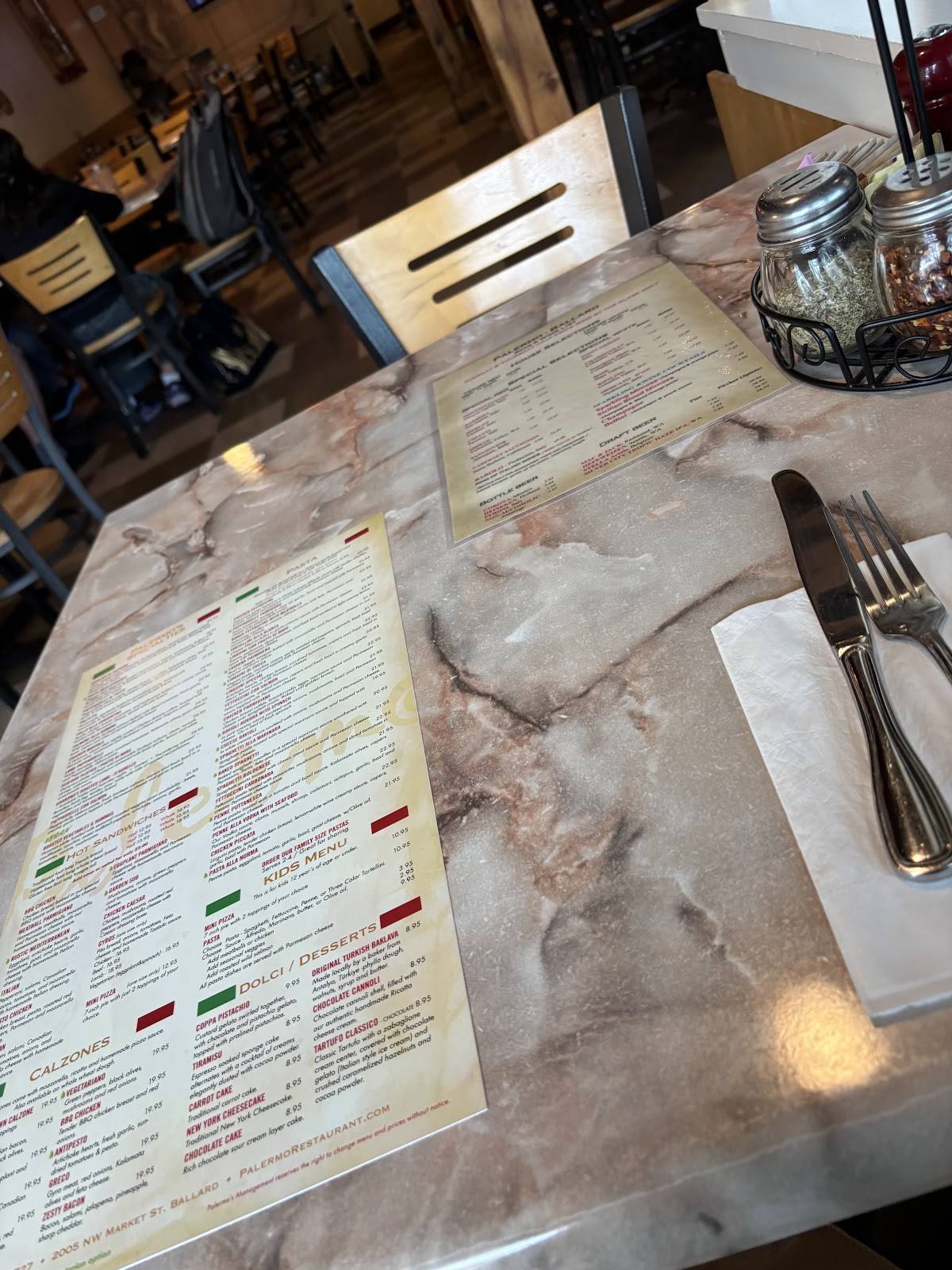 Menu at Palermo-Ballard pizzeria, Seattle, NW Market St