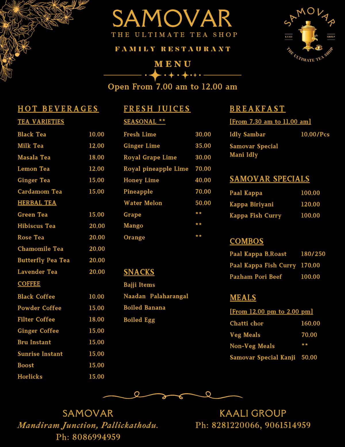 Menu at SAMOVAR, The Ultimate Tea Shop, Pallickathodu