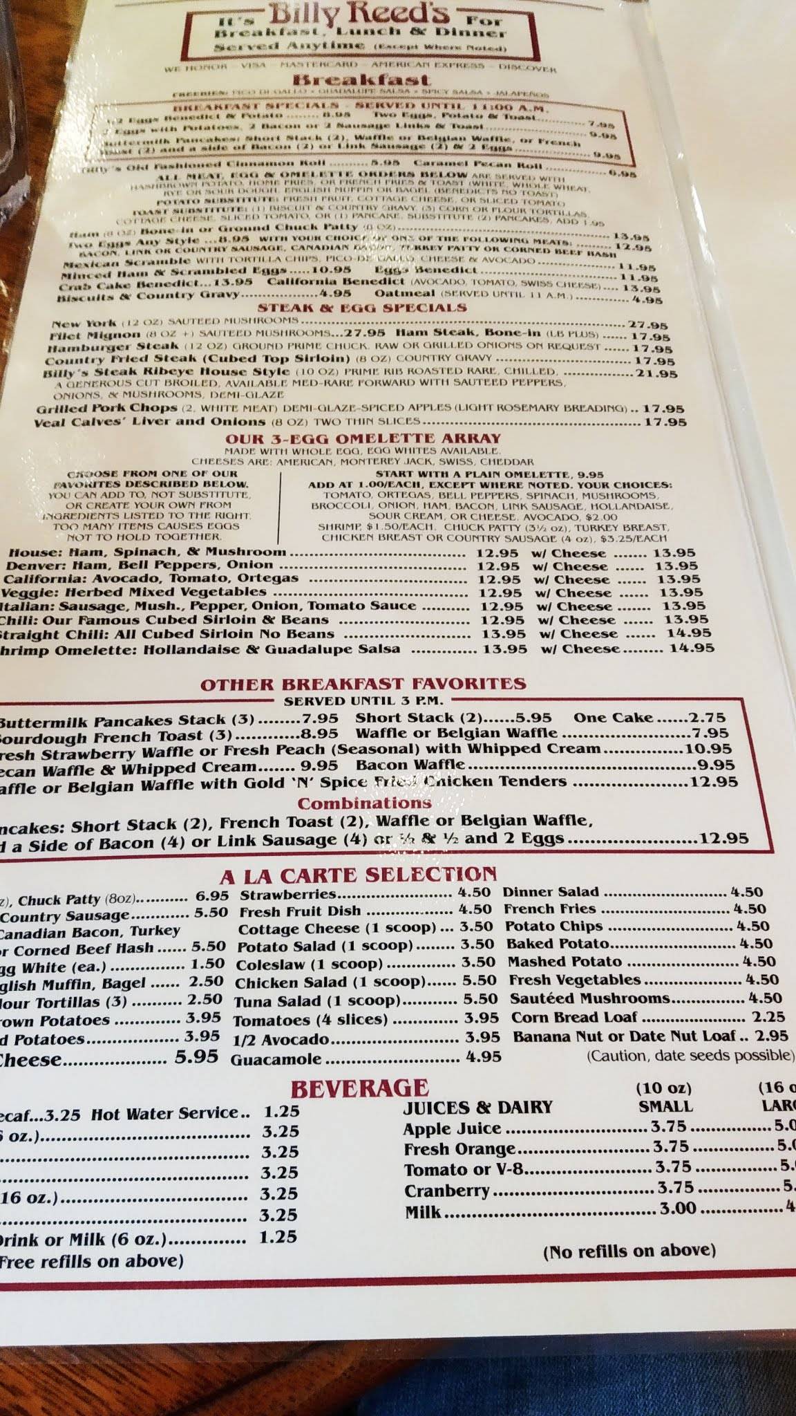Menu at Billy Reed's Palm Springs restaurant, Palm Springs