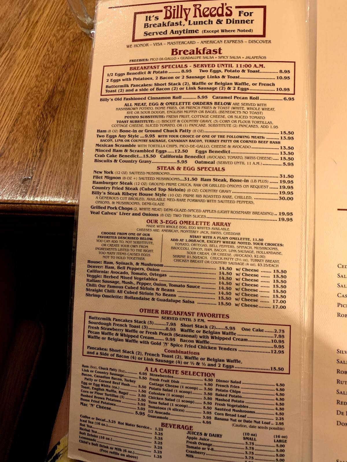 Menu at Billy Reed's Palm Springs restaurant, Palm Springs