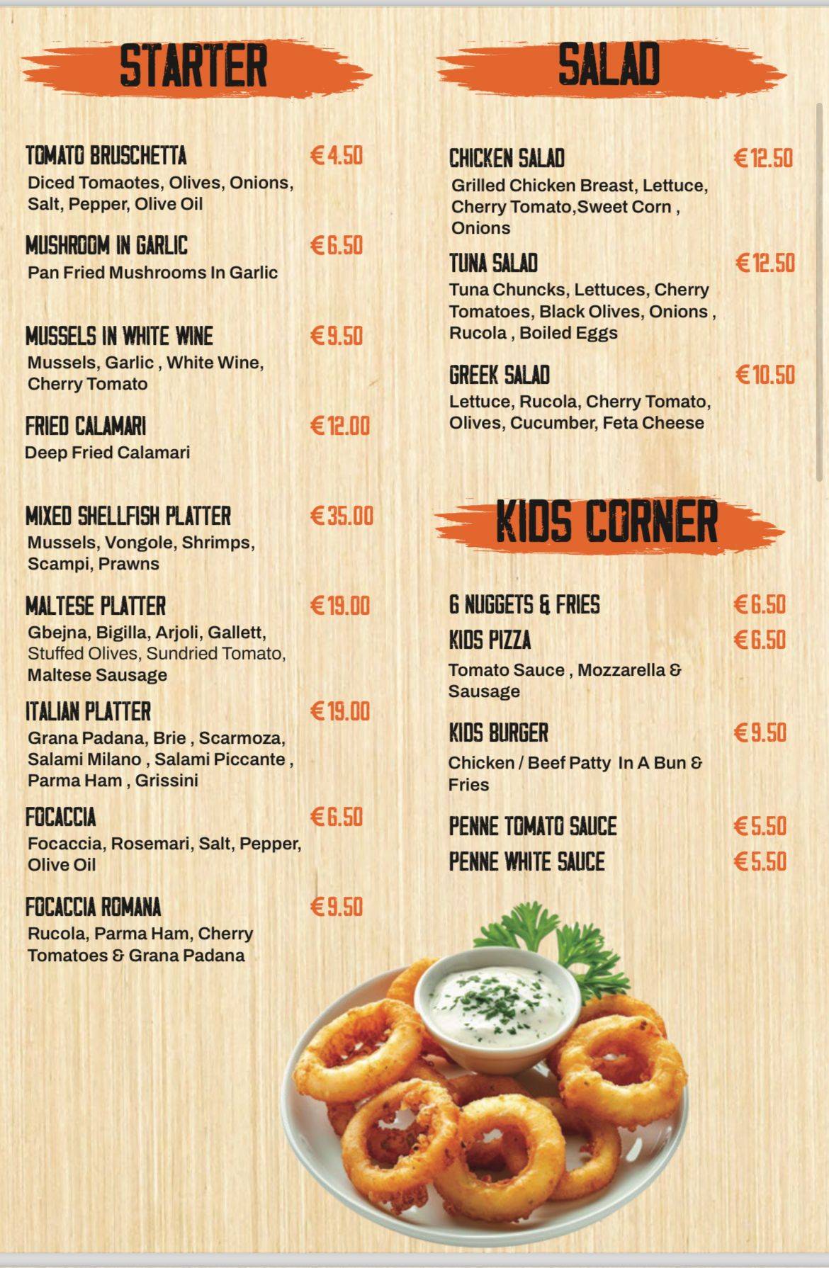 Menu at Palm valley restaurant, Marsaskala