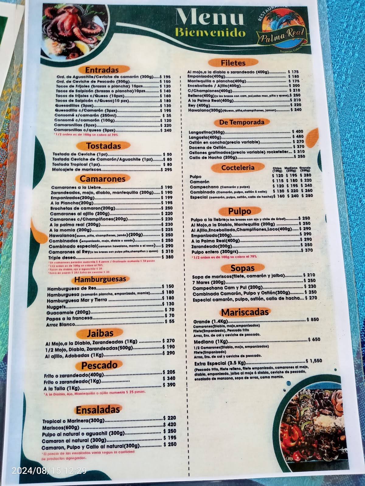 Menu at Palma Real restaurant, Mexico, Colima Tecomán - El Real 265