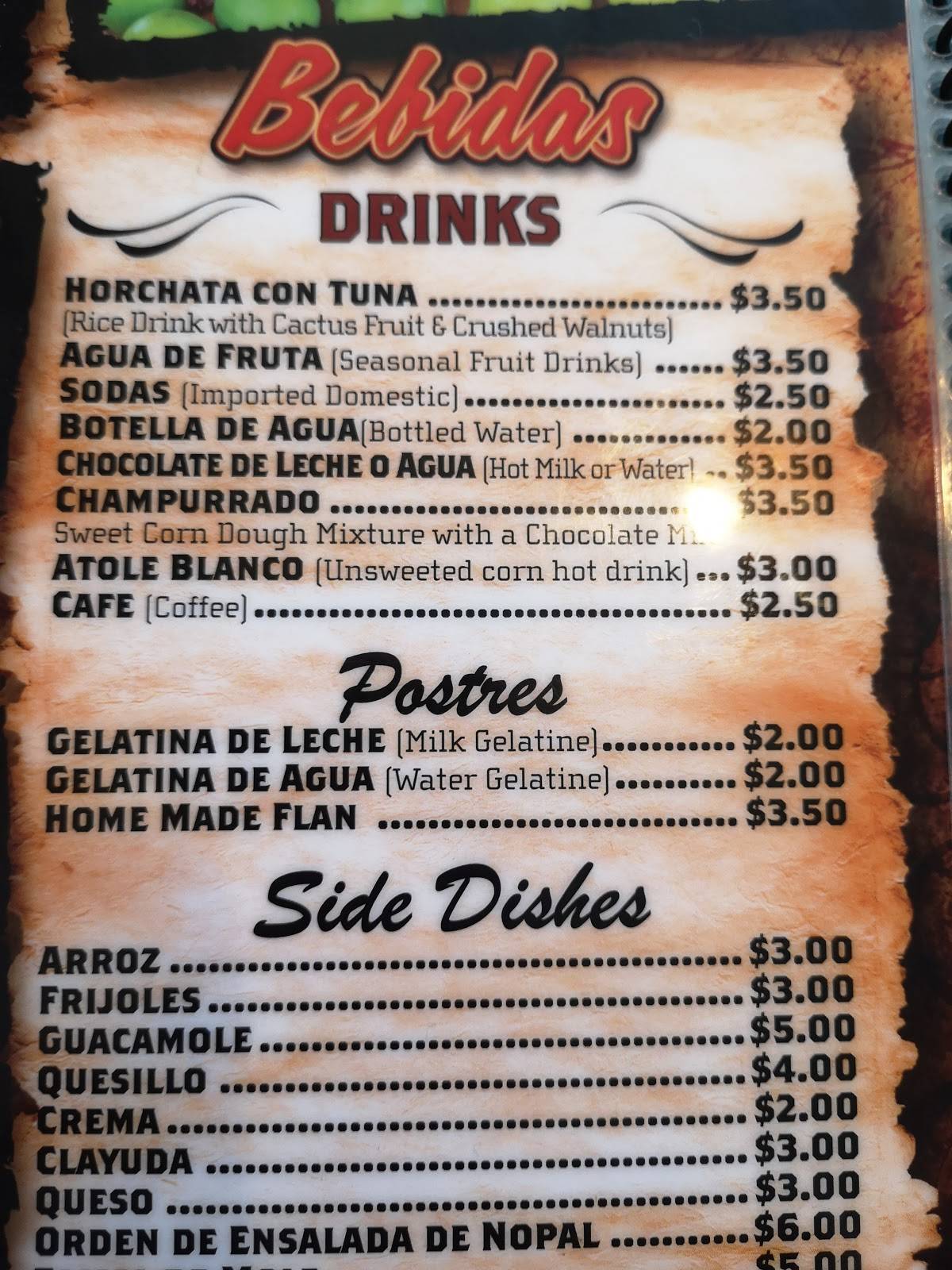 Menu at Pan Dulce Bakery, Los Angeles