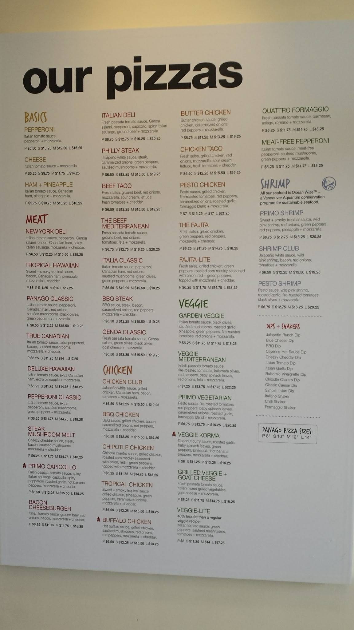 Menu at Panago Pizza pizzeria, Sherwood Park, 390 Baseline Rd #230