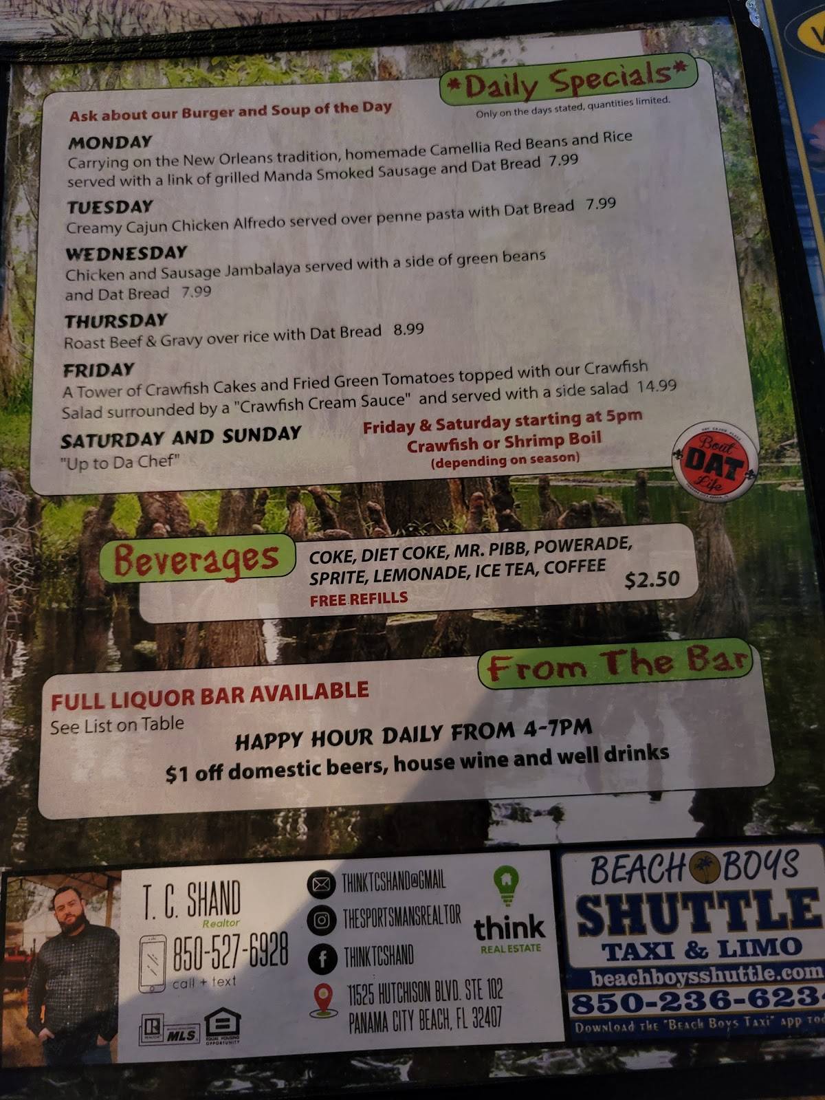 Menu at Dat Cajun Place Cafe, Panama City Beach, 2705 Thomas Dr