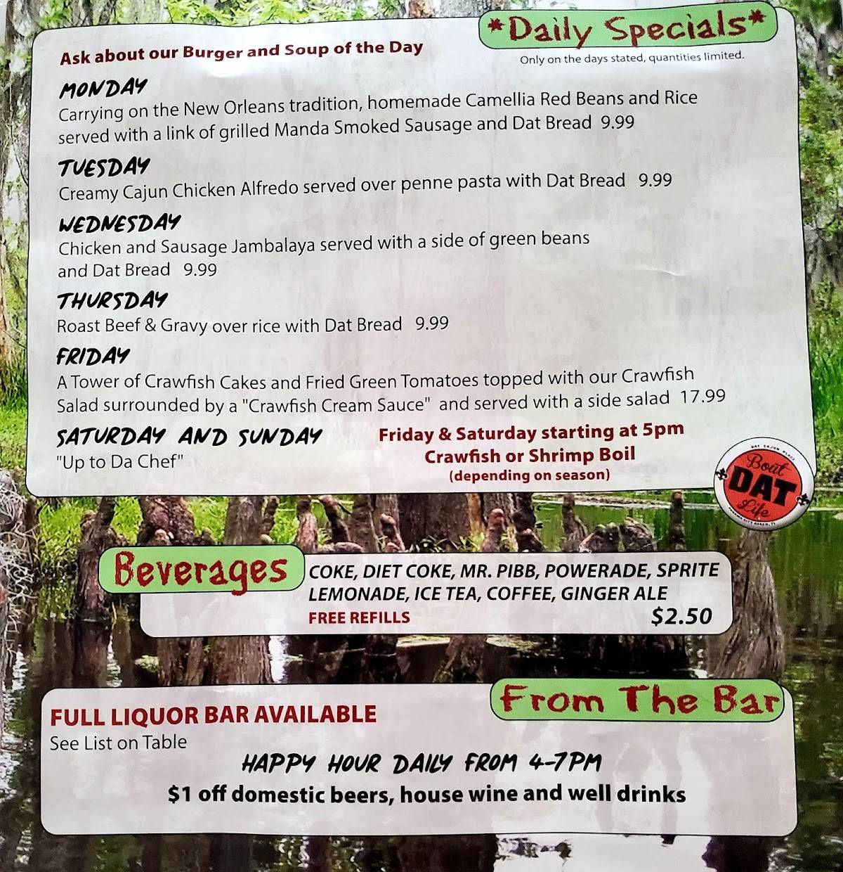 Menu at Dat Cajun Place Cafe, Panama City Beach, 2705 Thomas Dr