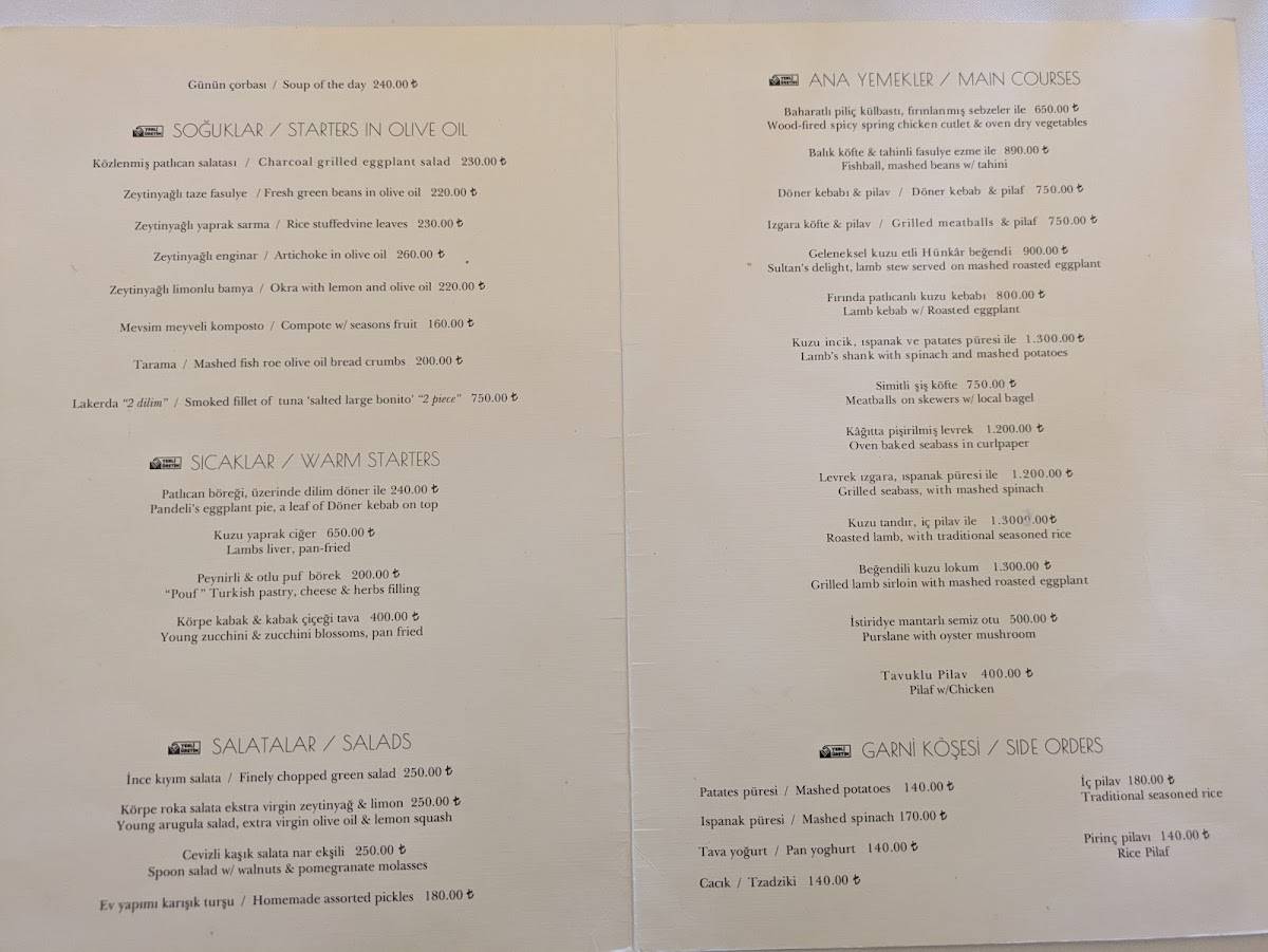 Menu at Pandeli Restaurant, Istanbul, Rüstempaşa Mah. Balık Pazarı ...