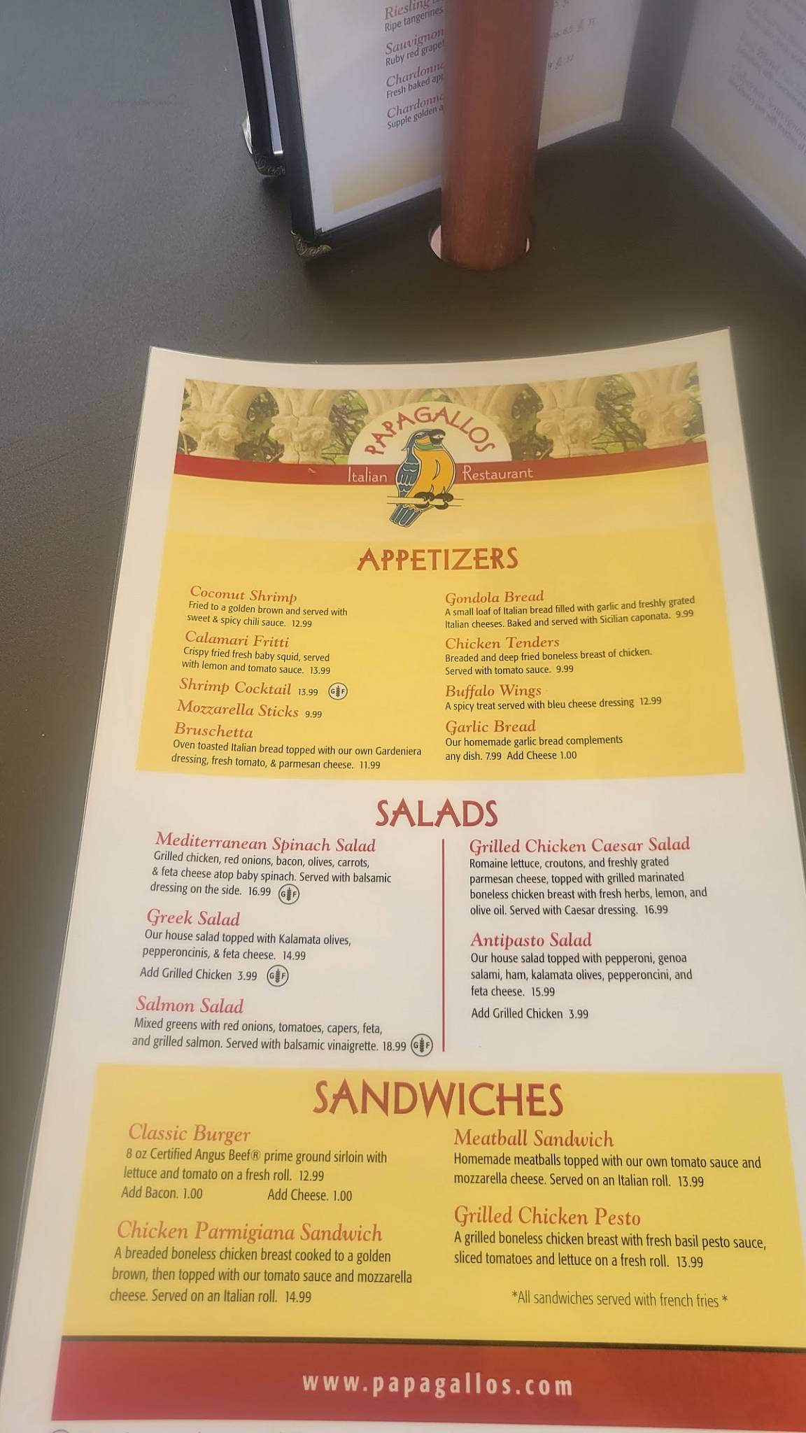 Menu at Papagallos Restaurant, Keene
