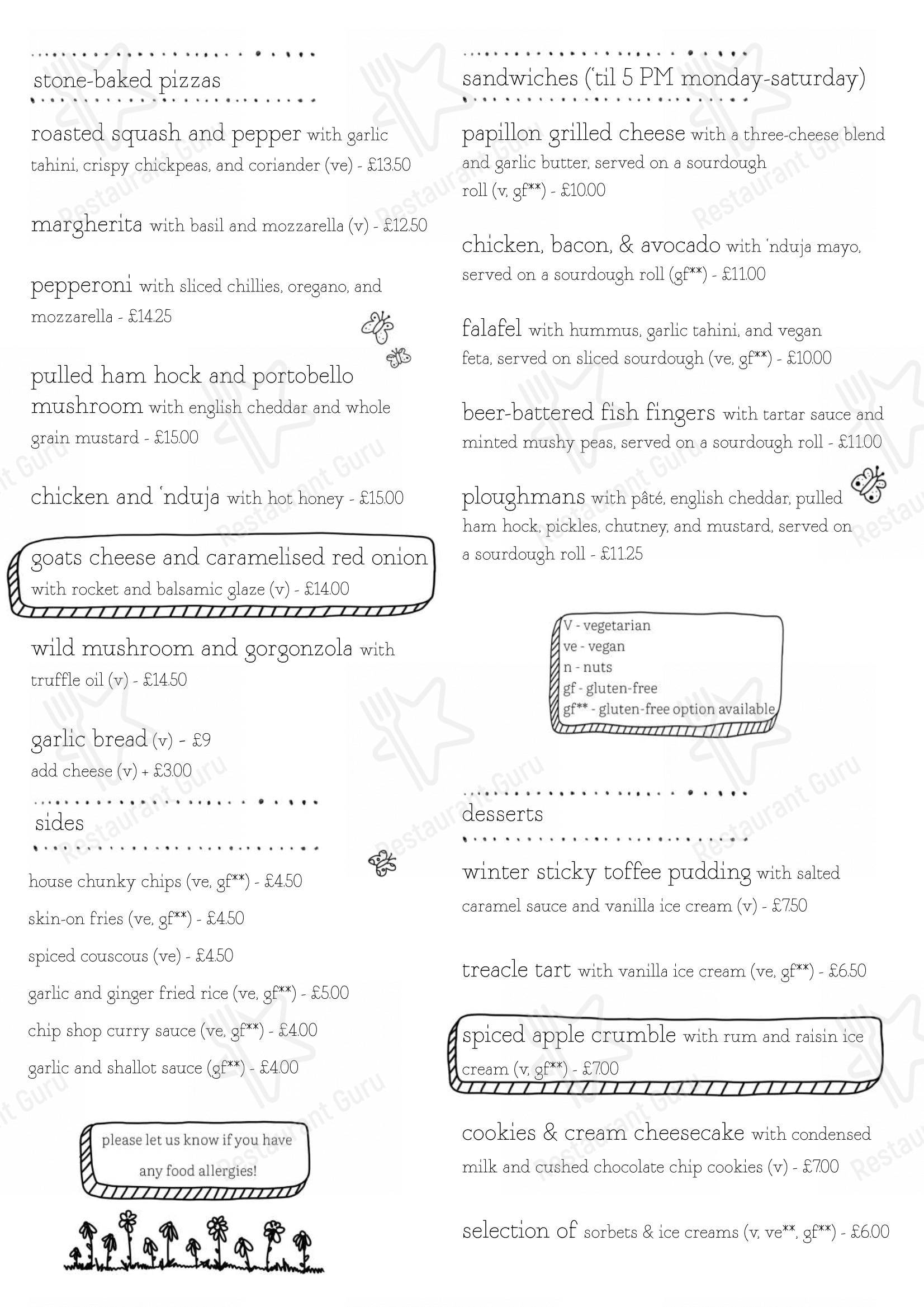 Menu at Papillon - Hope Street restaurant, Liverpool