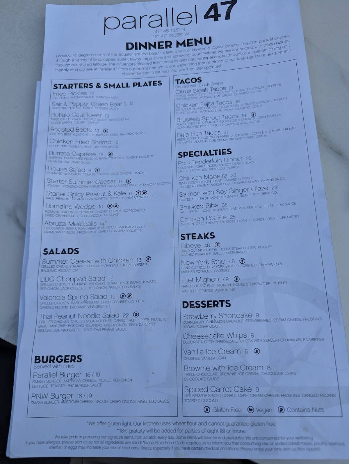 Menu at Parallel 47 pub & bar, Hayden