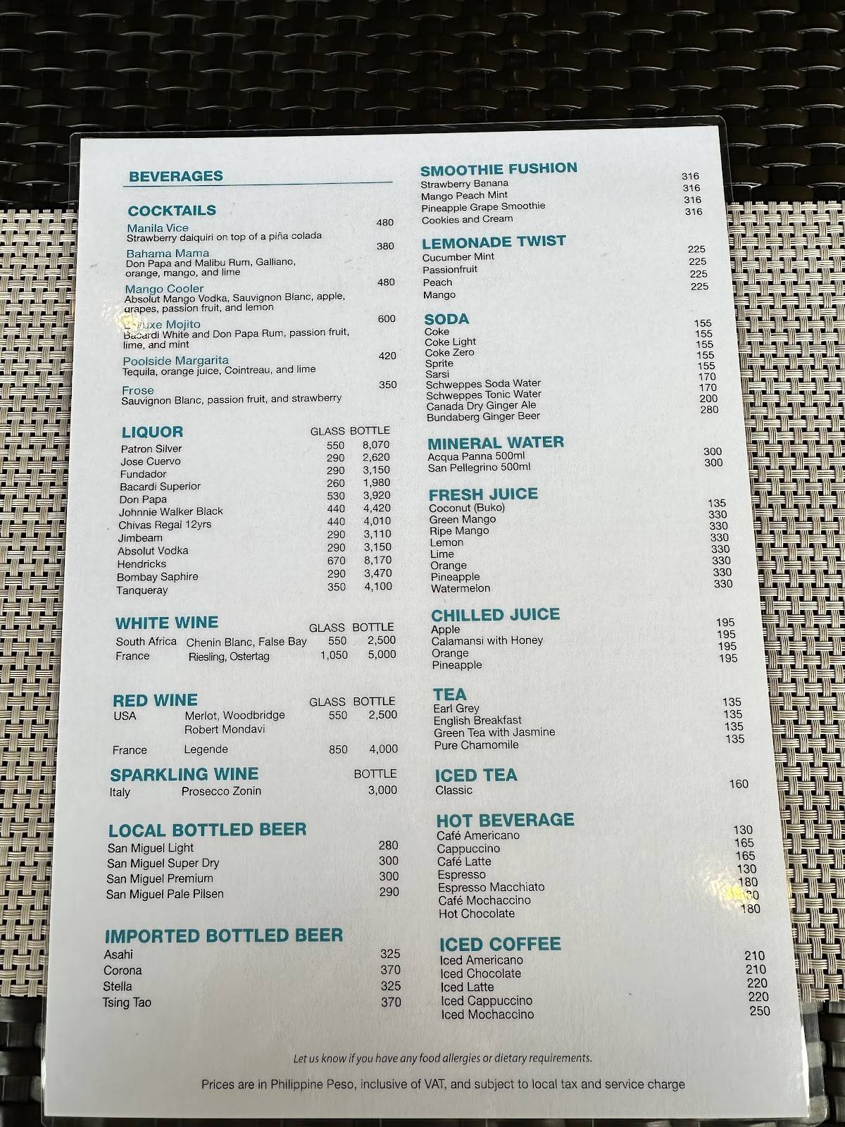 Menu at Wave restaurant, Parañaque, Pool Deck
