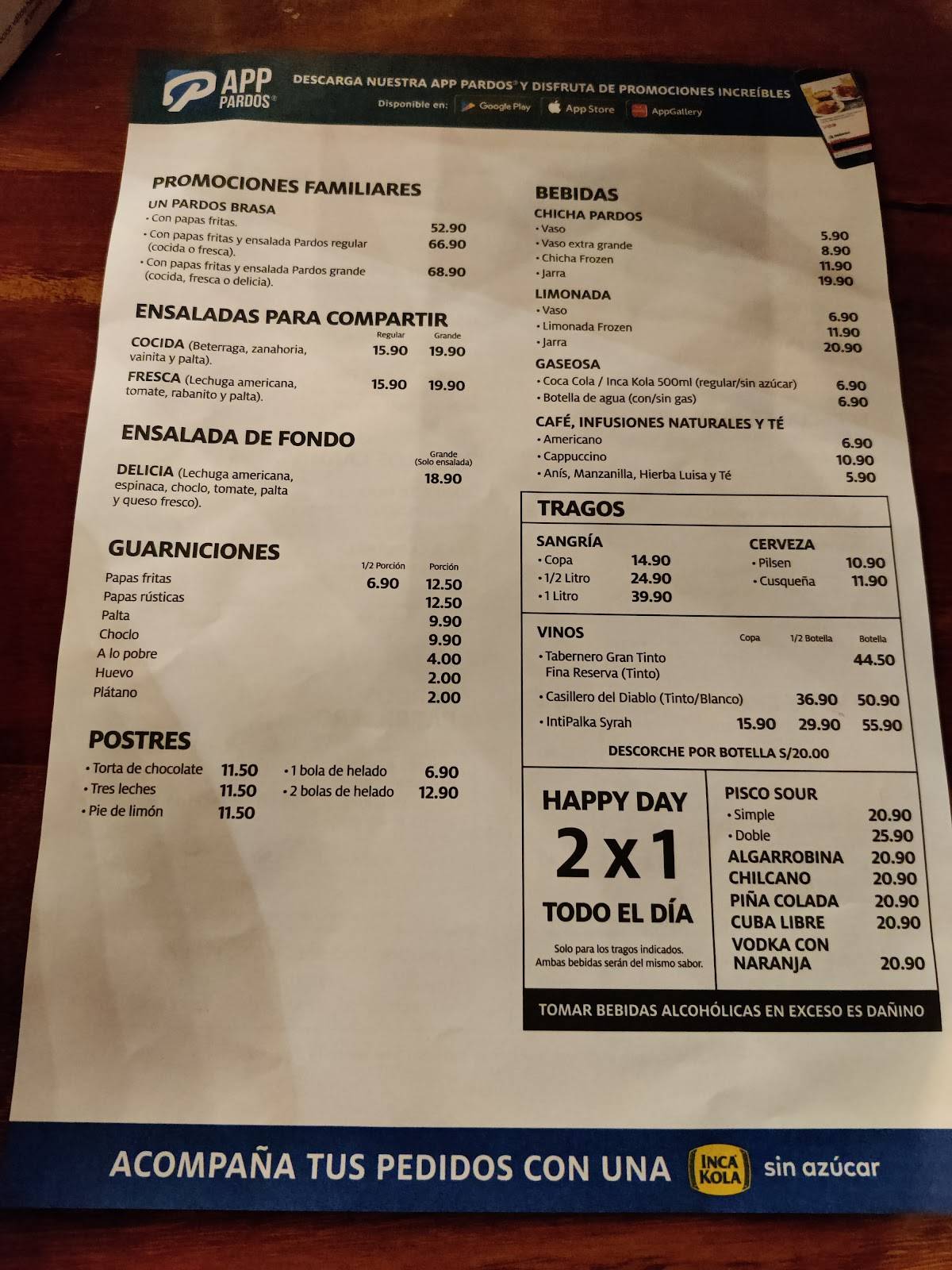 Menu at Pardos Chicken restaurant, Miraflores, Av. Sta. Cruz 898