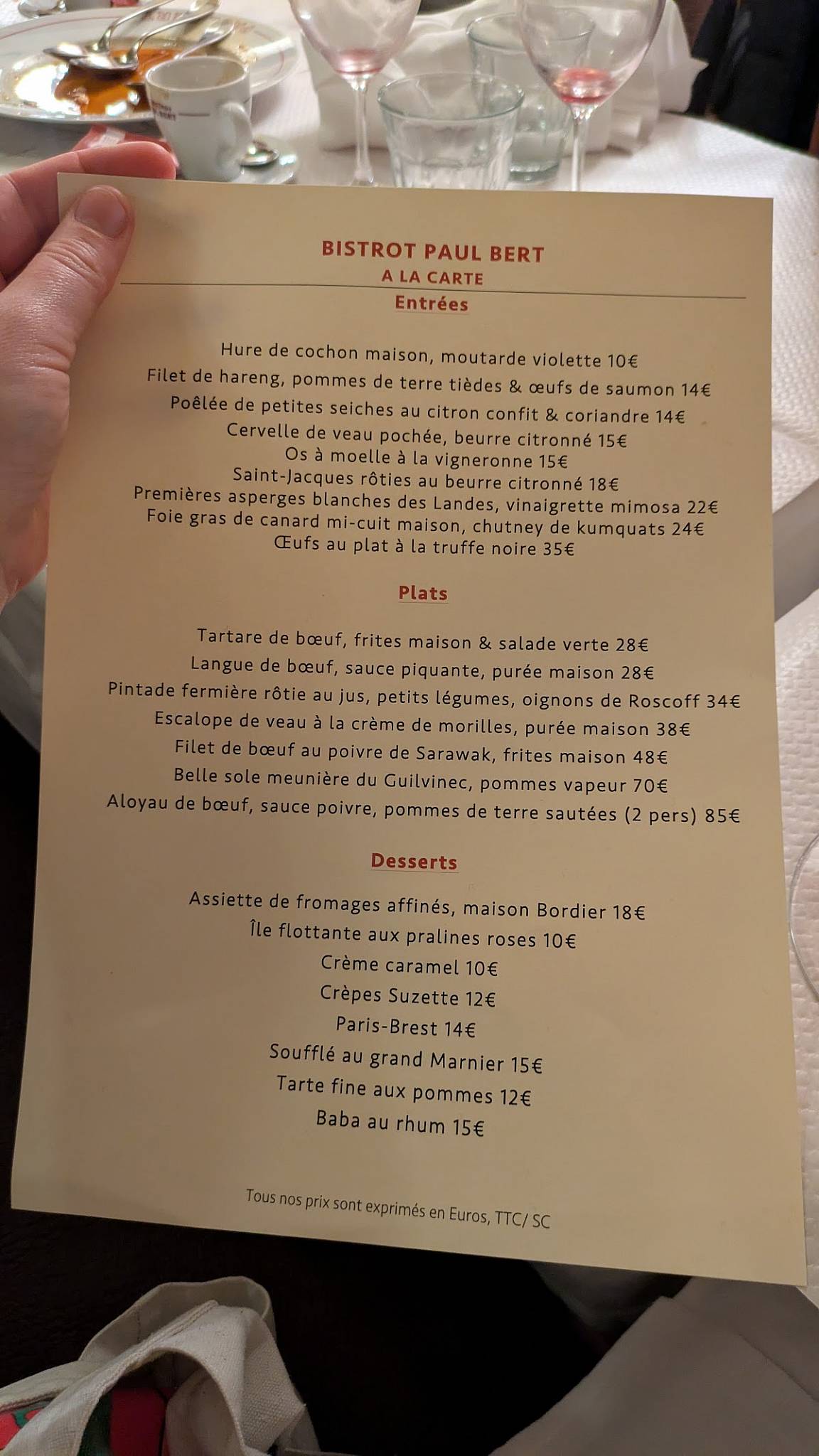 Menu at Bistrot Paul Bert restaurant, Paris