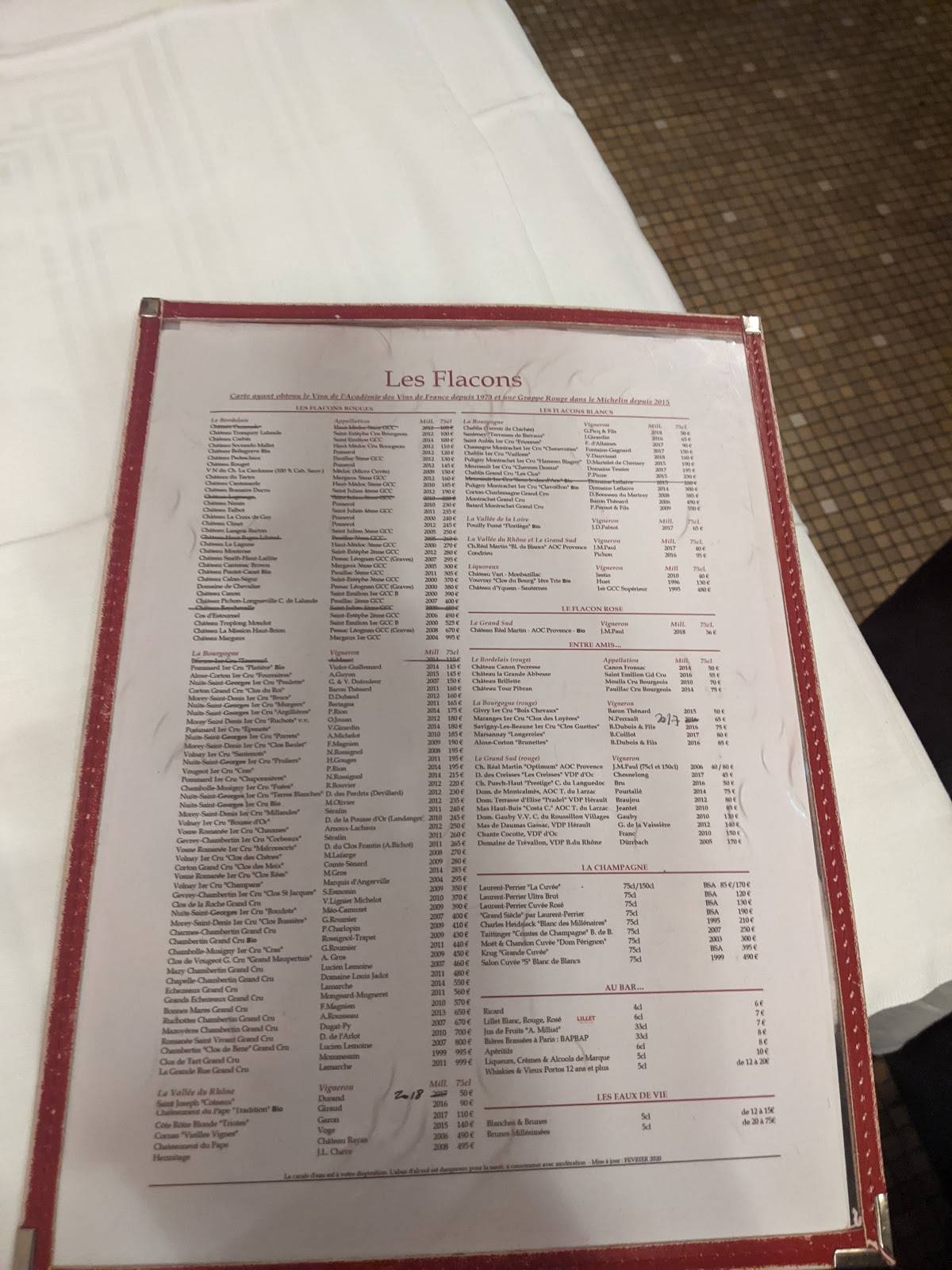 Menu at Chez Georges restaurant, Paris, 1 Rue du Mail