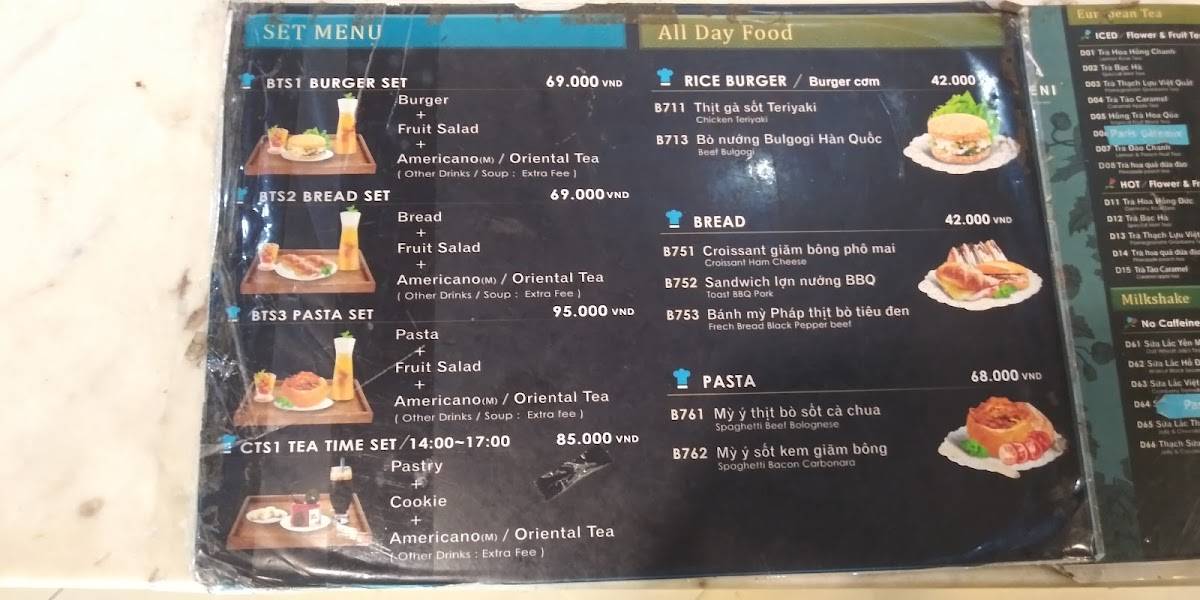 Menu at Paris Gateaux restaurant, Hanoi, 1A P. Hai Bà Trưng