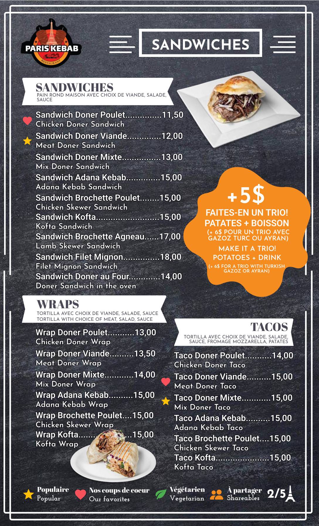Menu au Paris Kebab restaurant, Brossard