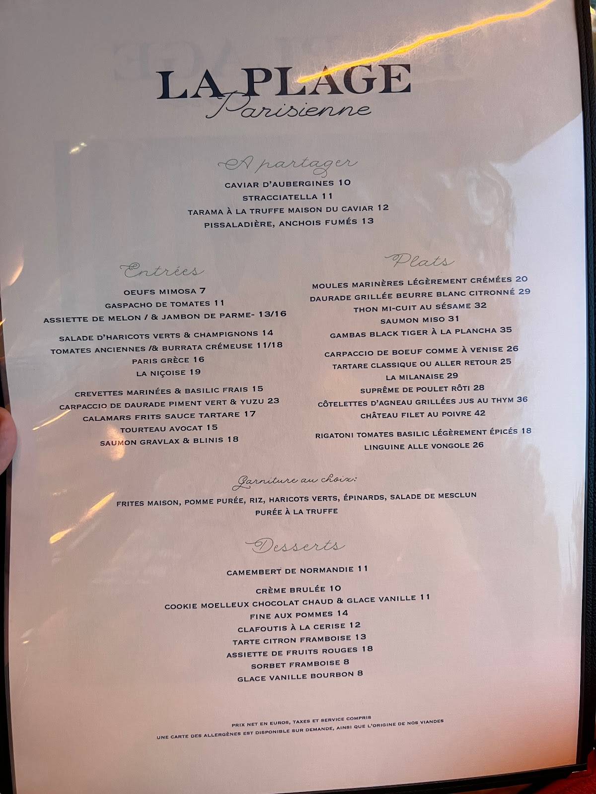 Menu at La Plage Parisienne restaurant, Paris, Port de Javel Haut