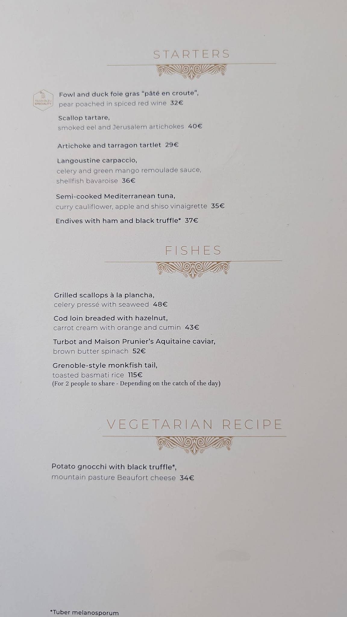 Menu at Le Train Bleu restaurant, Paris, Gare de Lyon
