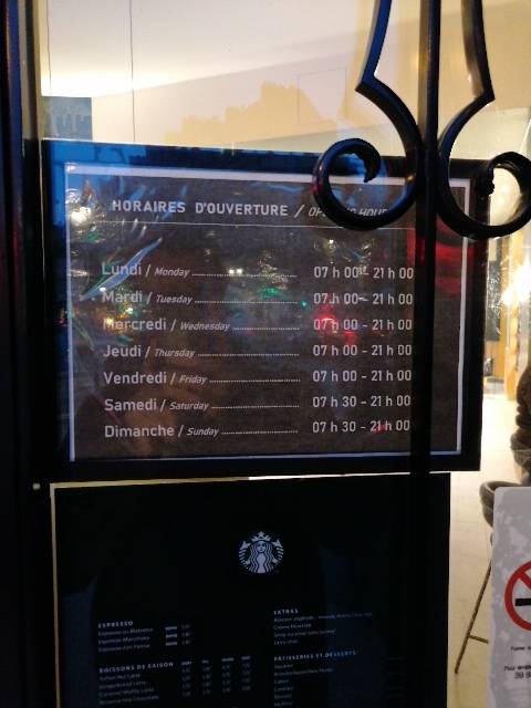 Menu at Starbucks Coffee cafe, Paris, 26 Av. de l'Opéra