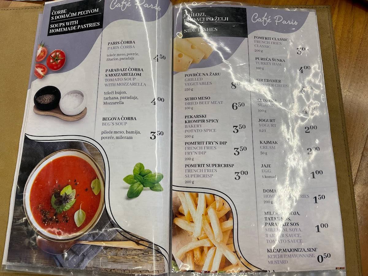 Menu at Paris restaurant, Vogošća