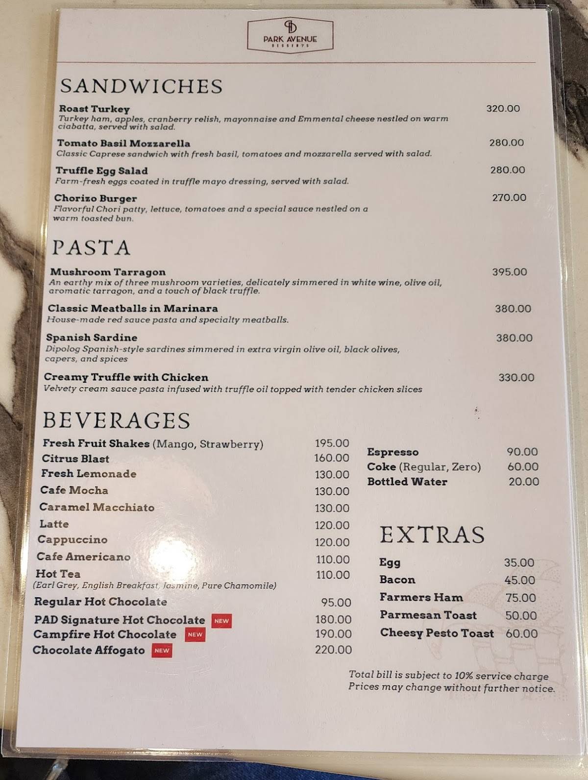 Menu at Park Avenue Desserts, Makati, Santiago St