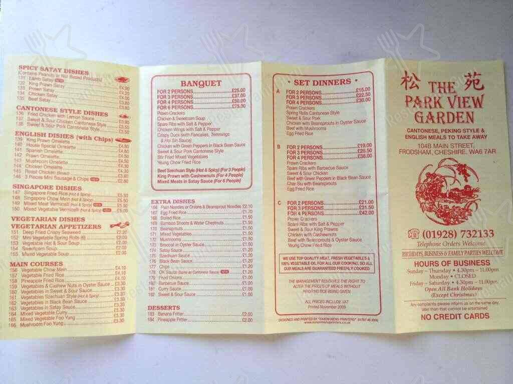 Menu at Park View Garden restaurant, Frodsham