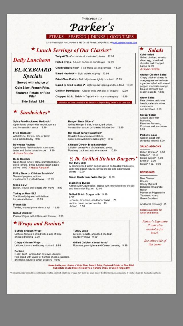 Carta de Parker's Restaurant, Portland
