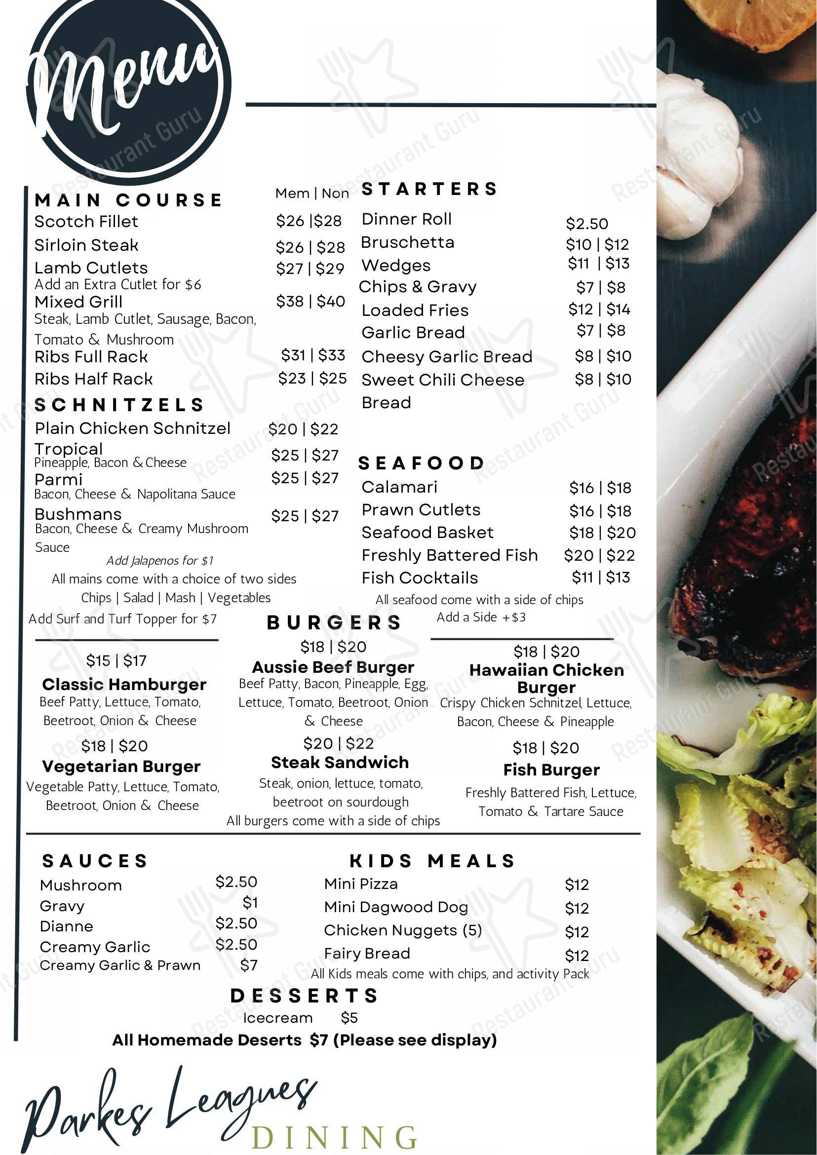 Menu at Parkes Leagues Club, Parkes