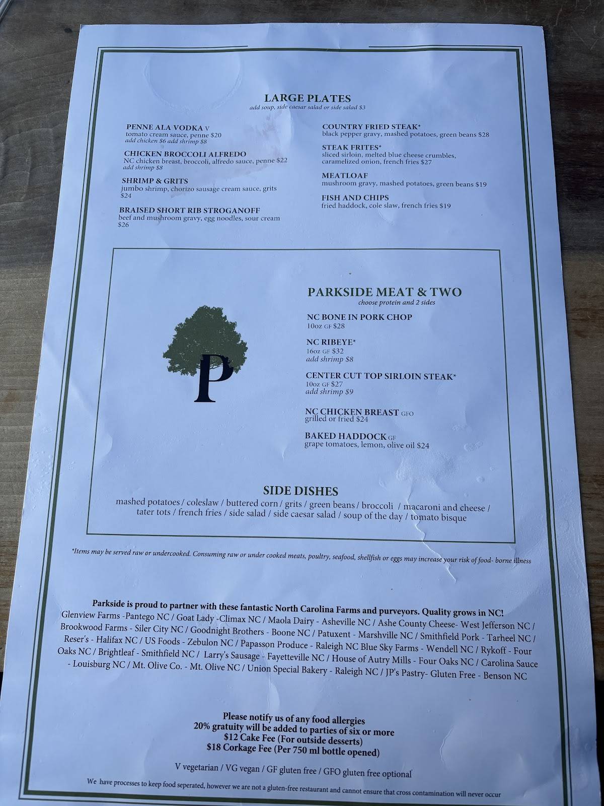 Carta de Parkside Restaurant, Raleigh