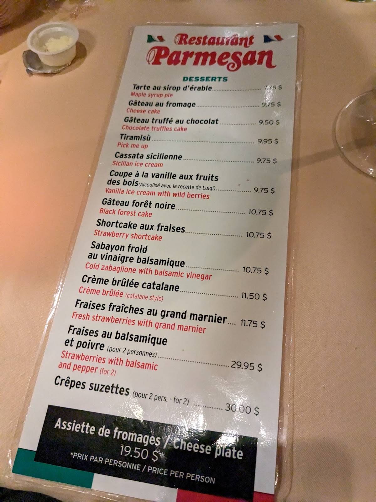 Menu au Restaurant Parmesan, Québec